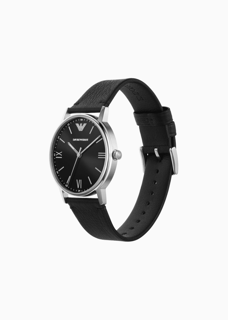 EMPORIO ARMANI Men’s Three-Hand Black Leather Watch – Watches Unlimited